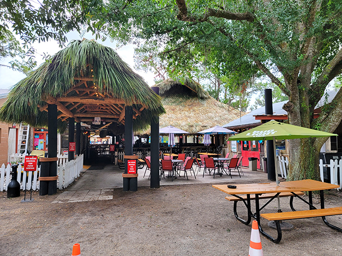 Outdoor seating under palm fronds and blue skies&mdash;the kind of place where lunch stretches into afternoon and nobody minds.