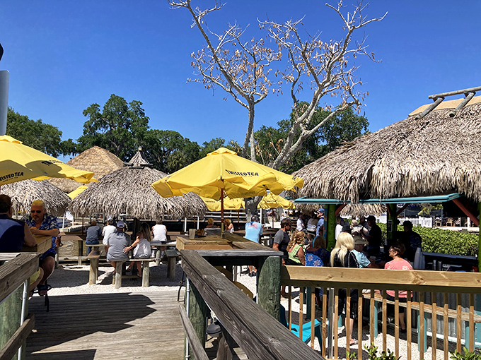 Yellow umbrellas dot the deck like tropical butterflies, shading patrons from everything except the irresistible water views.
