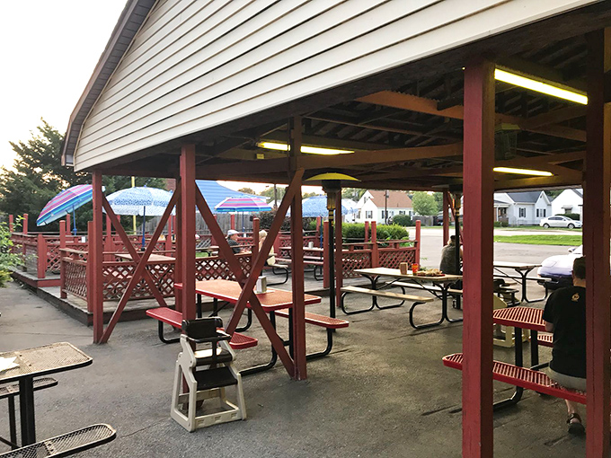 The covered patio offers shelter from the elements but not from the temptation to order seconds.