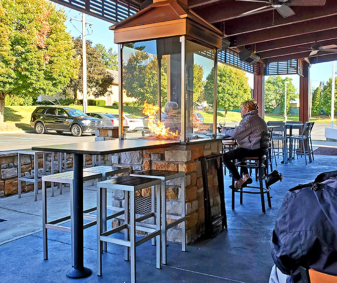 Outdoor dining with a show&mdash;fire elements keep things toasty while you enjoy fresh air with your feast.