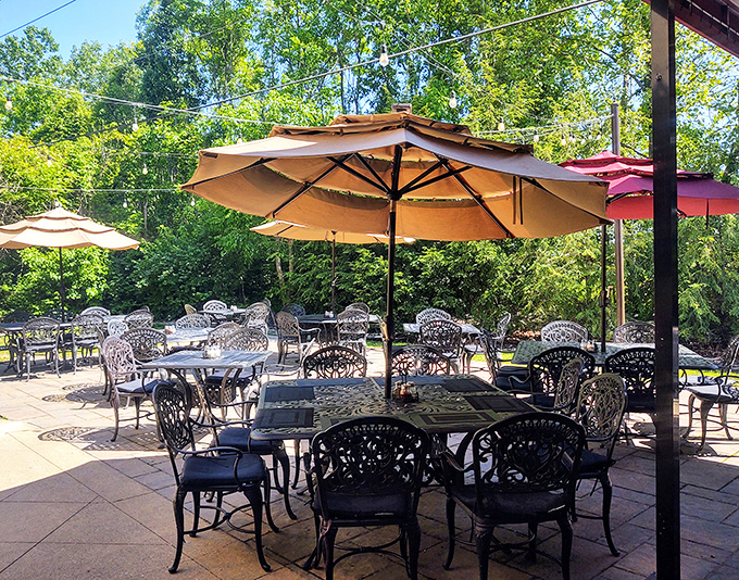 The patio: where Ohioans celebrate those seventeen perfect weather days each year with umbrella-shaded tables and the optimism of people who've survived winter.