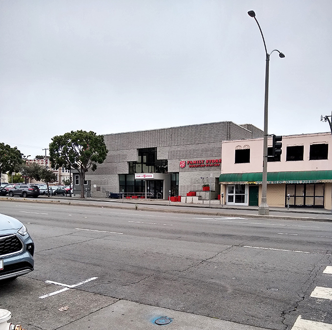 A glimpse of Geary Boulevard from the store &ndash; where San Francisco's famous fog occasionally gives way to perfect thrifting weather.