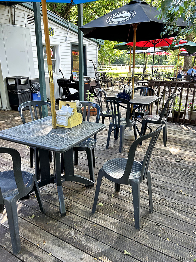 The outdoor patio&mdash;where dappled sunlight filters through trees and every breeze carries hints of nearby horse farms. Al fresco dining with Kentucky character.