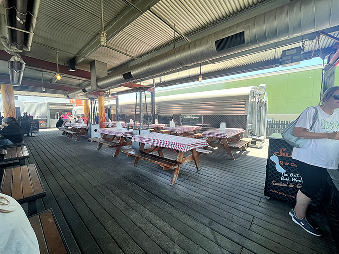 The patio at Salty's offers the perfect California BBQ experience: sunshine, fresh air, and the constant temptation to order "just one more" plate.