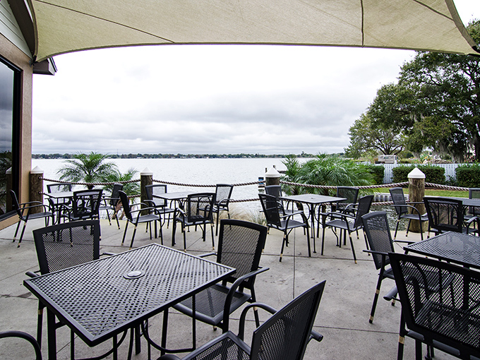 Patio seating with water views that make you forget you're not actually on vacation in Maine.