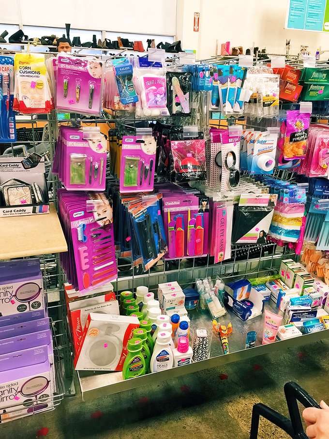 Beauty products and household essentials line the shelves like a discount drugstore time capsule. Who knew thrifting could be so practical?