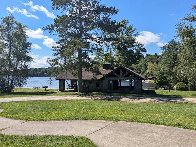 A rustic cabin sits lakeside, channeling vintage summer camp vibes without the awkward teenage drama or mystery meat dinners.