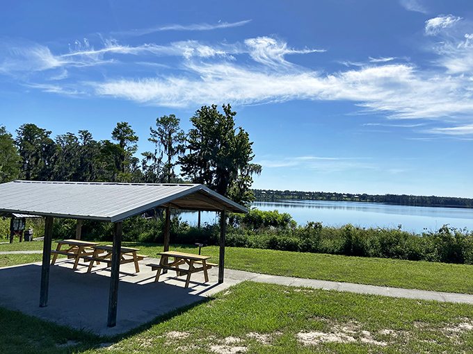 Picnic tables with million-dollar views that don't cost a penny extra. This shaded spot turns simple sandwiches into memorable lakeside dining experiences.