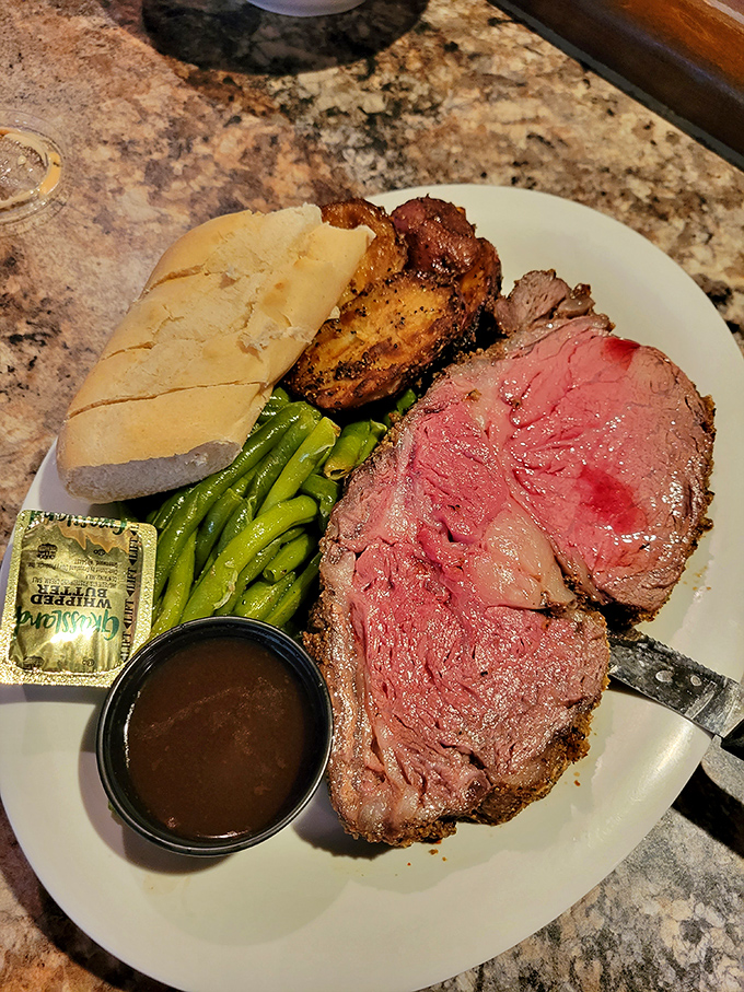 Prime rib so perfectly cooked it makes you wonder if the chef has some sort of meat telepathy.