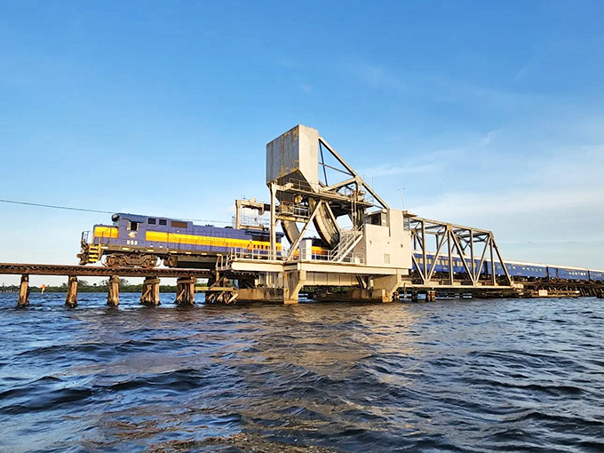 Engineering meets nature as the train traverses the water on this impressive bridge, a perfect metaphor for Florida's blend of development and wilderness.