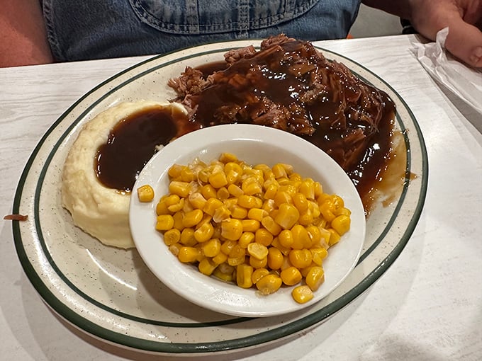 Beef that's clearly been simmering since sunrise, alongside creamy mashed potatoes and sweet corn &ndash; rural Missouri's answer to fine dining.