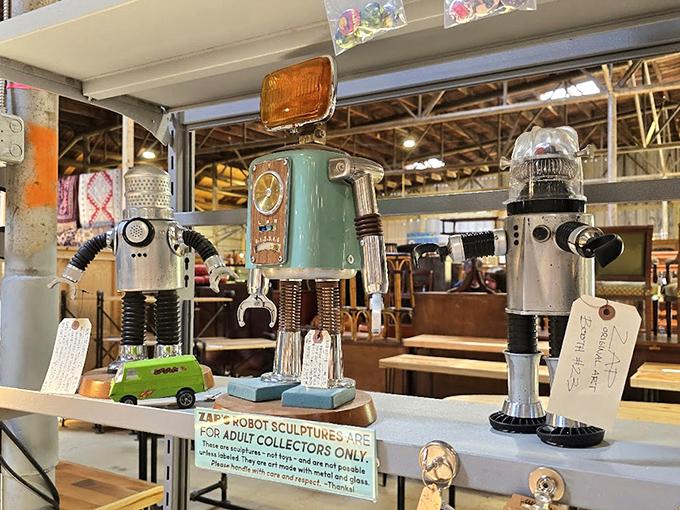 Robot sculptures assembled from vintage parts&mdash;proof that yesterday's junk becomes tomorrow's art with enough imagination and glue.