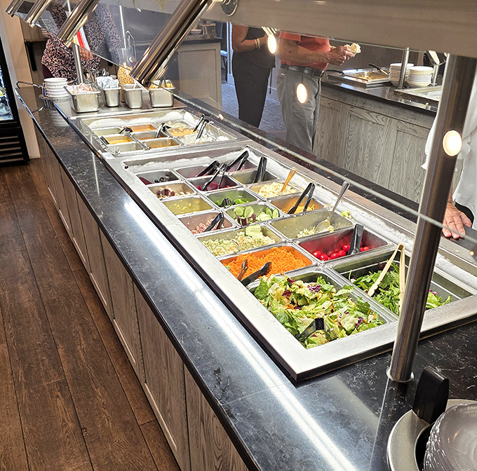 Fresh vegetables waiting their turn at the salad bar, looking crisp enough to make health food jealous.
