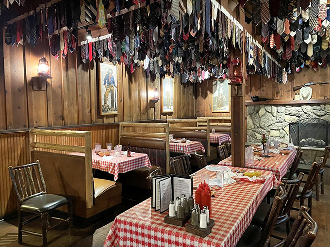 Cozy booths beneath a canopy of confiscated neckties create the perfect setting for serious steak consumption. Western dining at its finest.