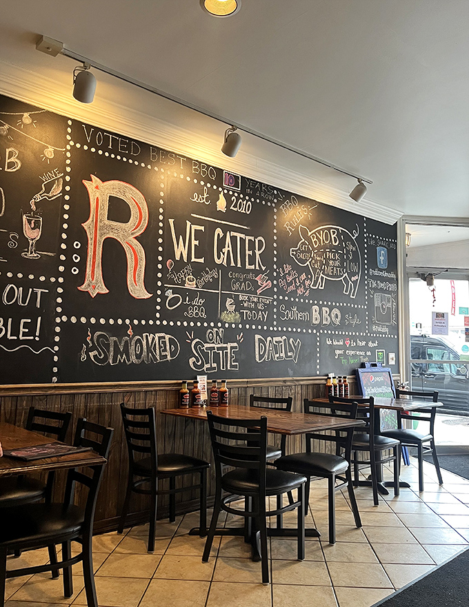 The chalkboard wall reveals the establishment's Southern BBQ roots and BYOB policy &ndash; two excellent reasons to gather friends for dinner.