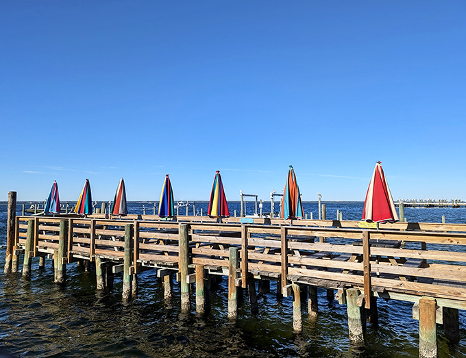 Rainbow umbrellas standing guard over wooden docks&mdash;Florida's version of beach cabanas for those who prefer their feet dry but their seafood fresh.