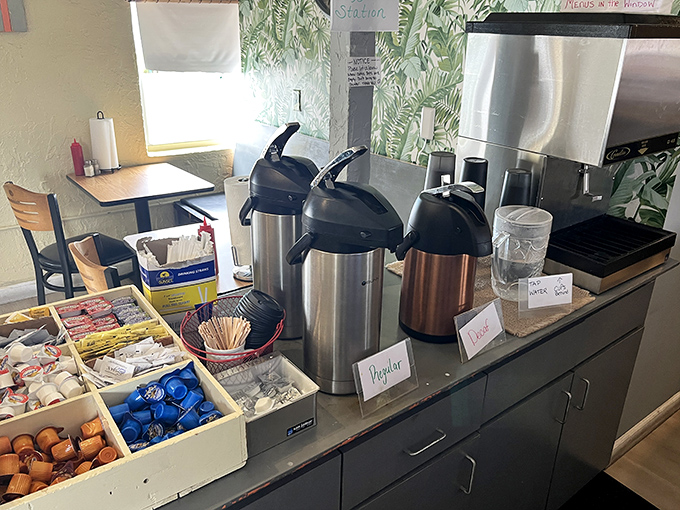Coffee station with all the fixings&mdash;because breakfast without coffee is just sleep. Self-serve means your cup never runs dry.