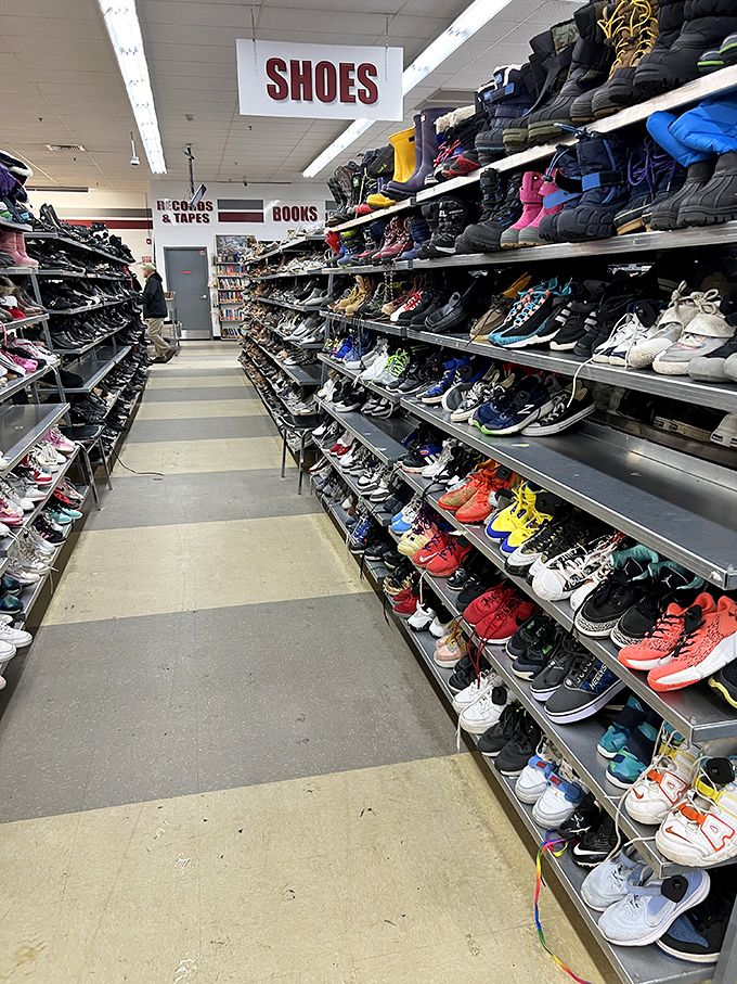 Sneaker collectors, take note! These shelves hold potential gems among the everyday footwear. The rainbow of options is dizzying.