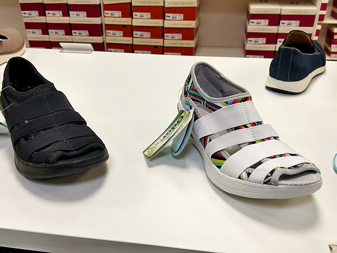 Comfortable footwear beckons tired shoppers who've been walking these endless aisles for hours already.