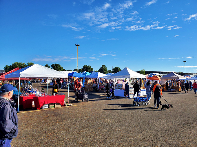 Under brilliant blue skies, shoppers navigate the outdoor vendor maze like explorers on a mission. The thrill of the hunt is universal.