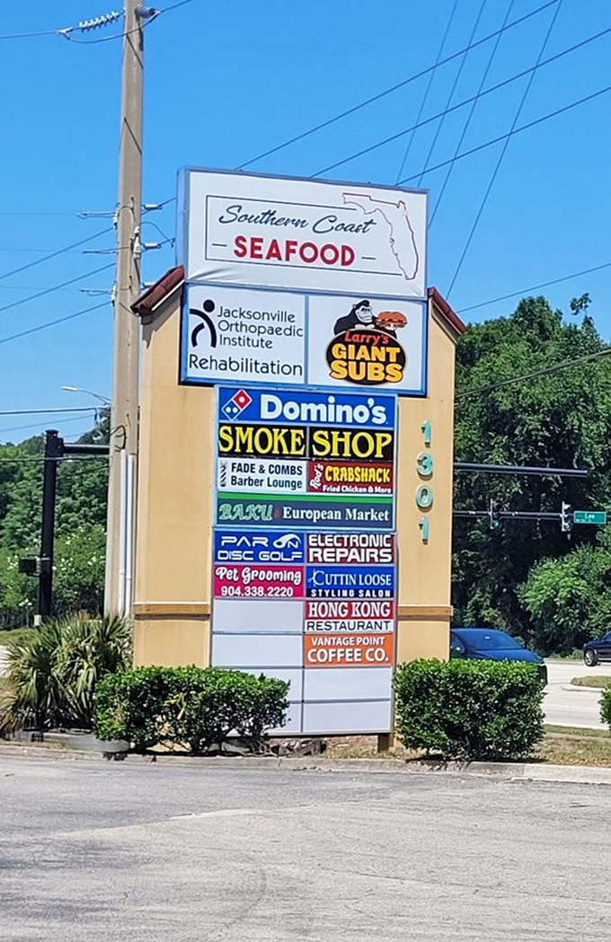 The sign says it all &ndash; Southern Coast Seafood stands proudly among Jacksonville's diverse dining landscape, a beacon for seafood lovers. 