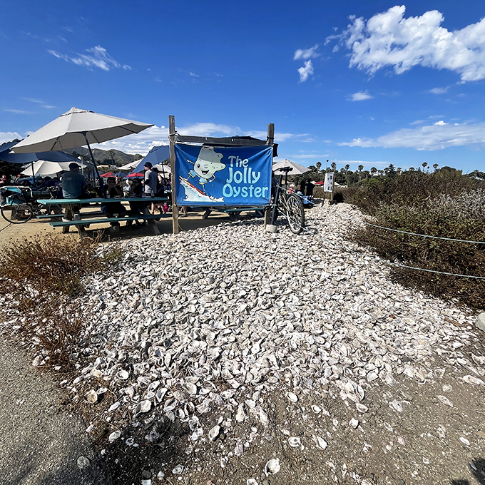 A mountain of discarded shells marks the spot like X on a treasure map. One person's trash is another's testament to deliciousness.