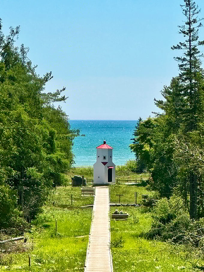 A charming lighthouse stands sentinel between forest and shore, a postcard-perfect reminder of Lake Michigan's maritime heritage.