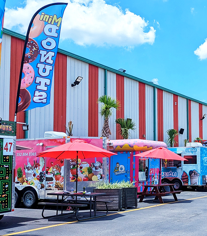 Food truck heaven isn't just a slogan—it's a promise delivered in technicolor. Those pink umbrellas aren't just cute; they're survival gear.