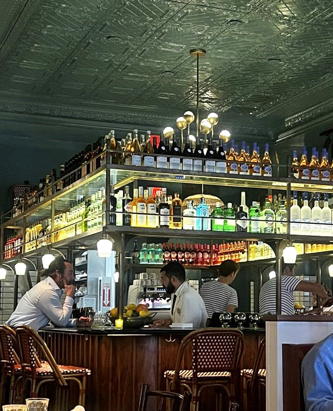 The ornate bar display isn't just storage&mdash;it's theater. Bottles backlit like precious artifacts, promising libations that transform an ordinary evening into something memorable.