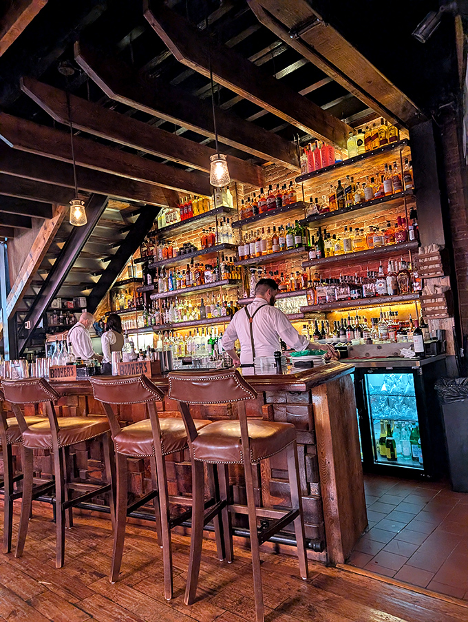 The bar's impressive wall of spirits suggests bartenders with PhDs in the art of libation creation.