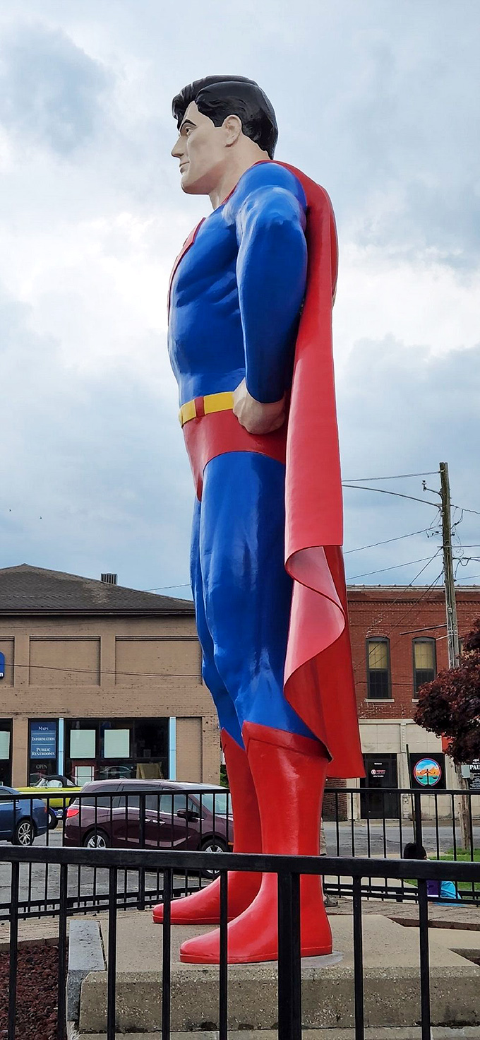 The side view reveals Superman's impressive profile&mdash;and that perfectly coiffed hair that somehow never gets messed up during flight.