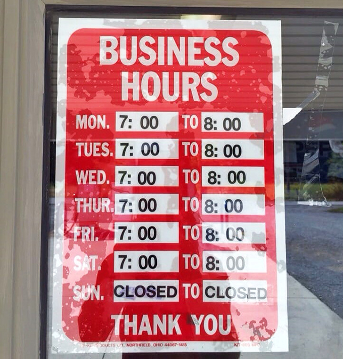 The business hours sign tells you everything you need to know about rural priorities. Open when you need them, closed when everyone's resting—perfectly sensible.