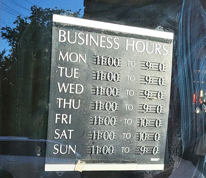 Business hours that prove some of life's greatest pleasures&mdash;like all-you-can-eat buffets&mdash;are available seven days a week.