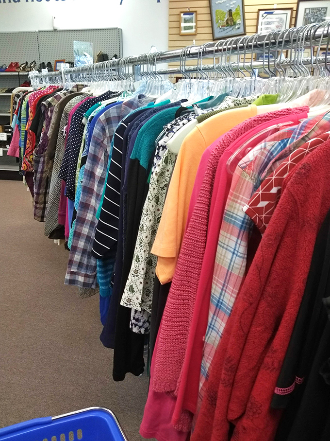 A rainbow of fabrics tells the story of fashion trends gone by. That coral sweater is practically screaming "Take me to brunch!"