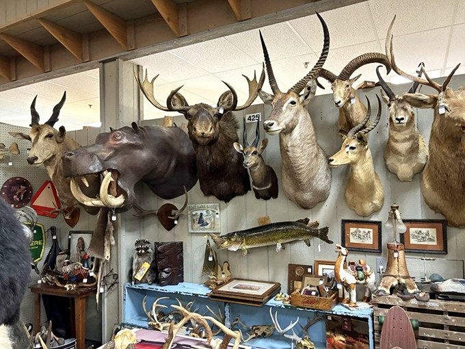 The taxidermy wall of fame. From hippo to moose, this menagerie of preserved wildlife creates a safari without leaving Springfield.