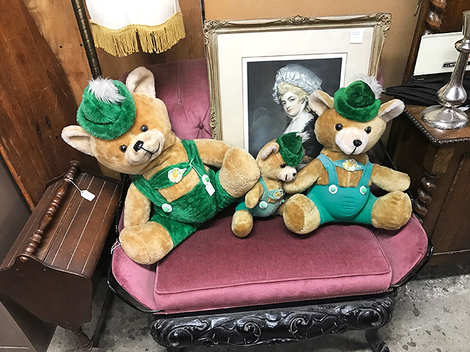 These dapper teddy bears in their emerald finery look like they're waiting for someone to invite them to high tea.