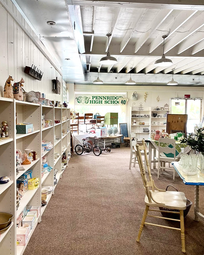 This thrift hall stretches endlessly, proving that one person's clutter truly becomes another's carefully curated shopping adventure.