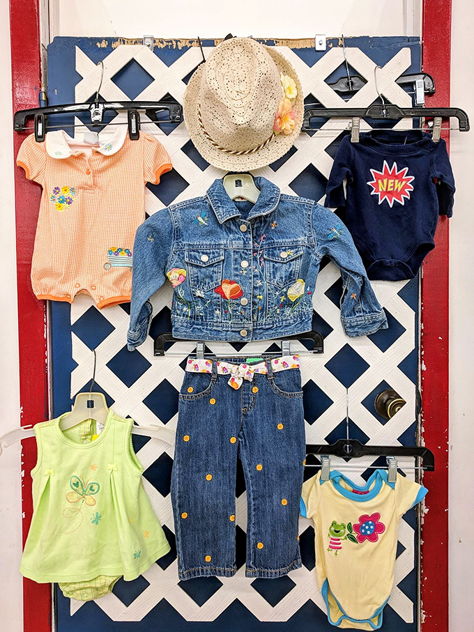 Children's clothes arranged with Pinterest-worthy precision. Tiny fashion statements at prices that won't trigger parental panic attacks.