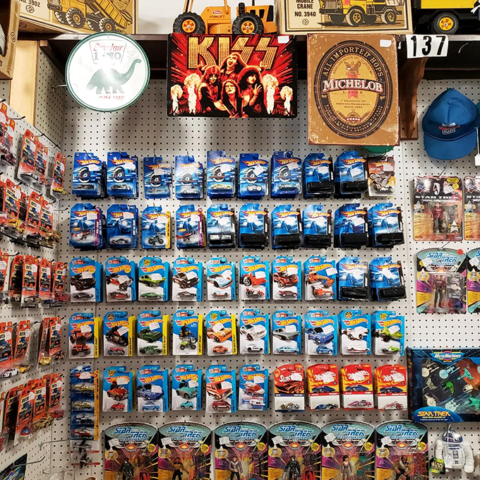 Hot Wheels heaven meets vintage toy paradise - childhood dreams displayed in organized automotive perfection.