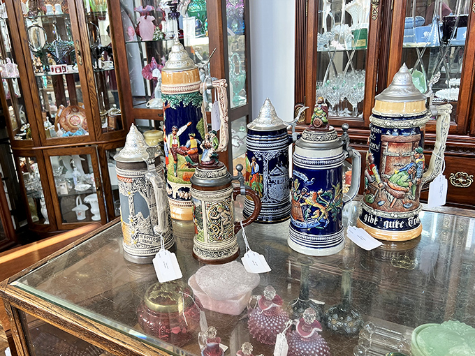 German beer steins stand at attention like ceramic soldiers, each one telling tales of Bavarian celebrations and hearty toasts.