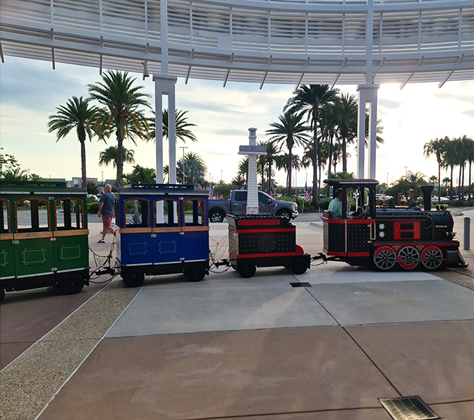 All aboard the shopping express! This charming train offers weary feet a welcome break from the retail marathon.