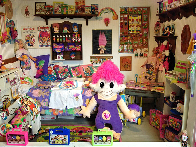 A bedroom shrine to troll culture where dreams literally come alive in fluorescent colors.