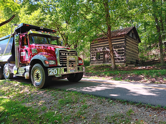 Even the trucks look more photogenic on Wally Road! This big rig pauses beside a historic log cabin in a perfect marriage of old and new Ohio.