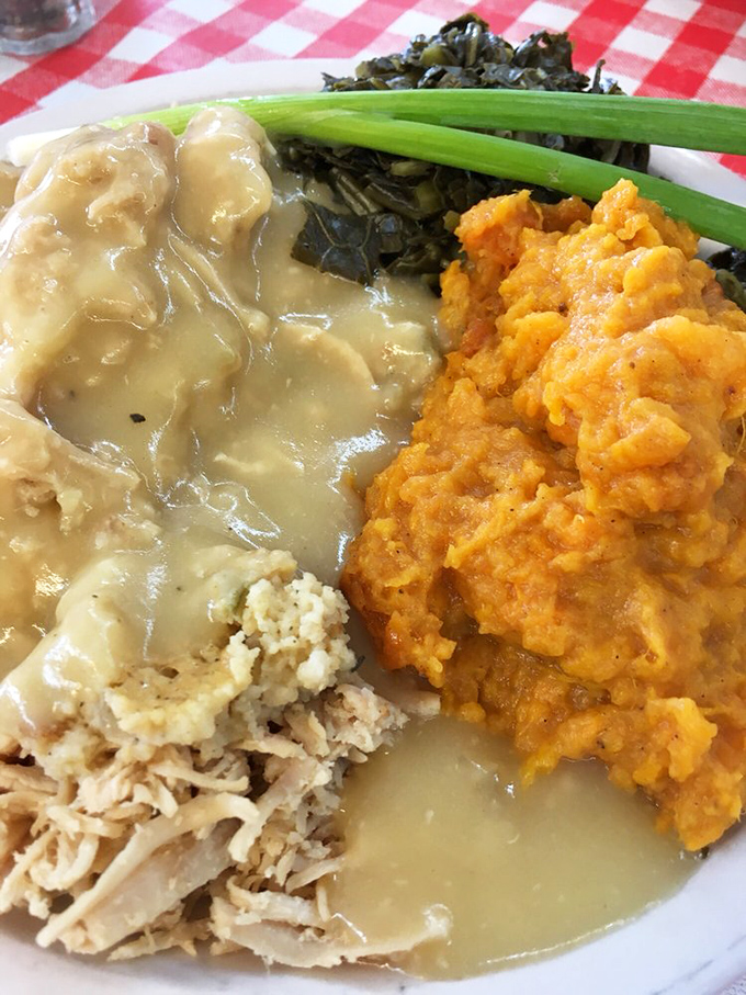 Turkey and gravy with sweet potatoes and greens&mdash;Thanksgiving doesn't have to wait for November here.