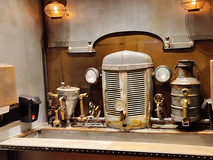 Even the hand-washing station embraces vintage charm with antique tractor parts &ndash; attention to atmospheric details throughout.
