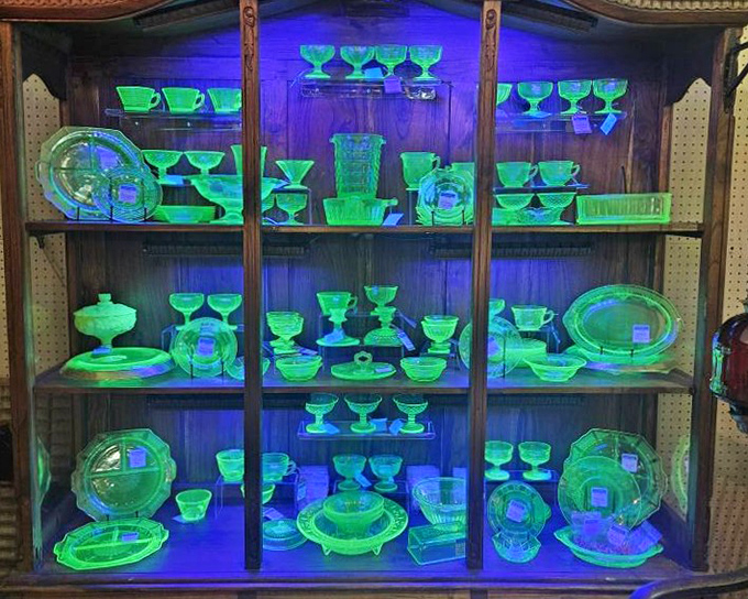 Uranium glass glows an otherworldly green under UV light, combining mid-century design with a dash of atomic age mystique.