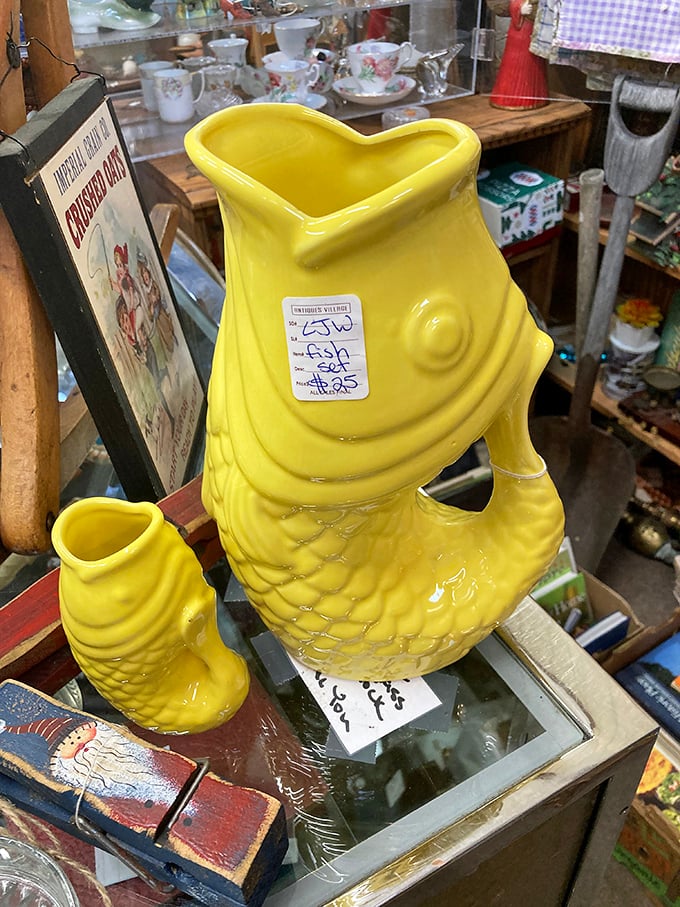 The cheerful yellow fish pitcher practically jumps off the shelf &ndash; mid-century whimsy that would make any modern minimalist question their life choices.