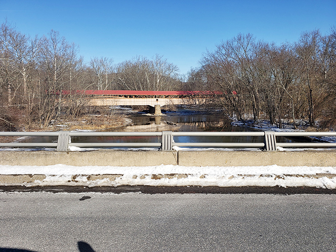 Winter reveals a different perspective of the bridge, its distinctive silhouette standing stark against the bare trees.