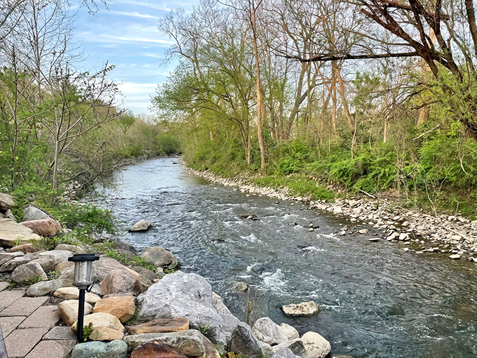 Nature provides the entertainment through floor-to-ceiling windows, where Tinkers Creek becomes part of the dining experience.