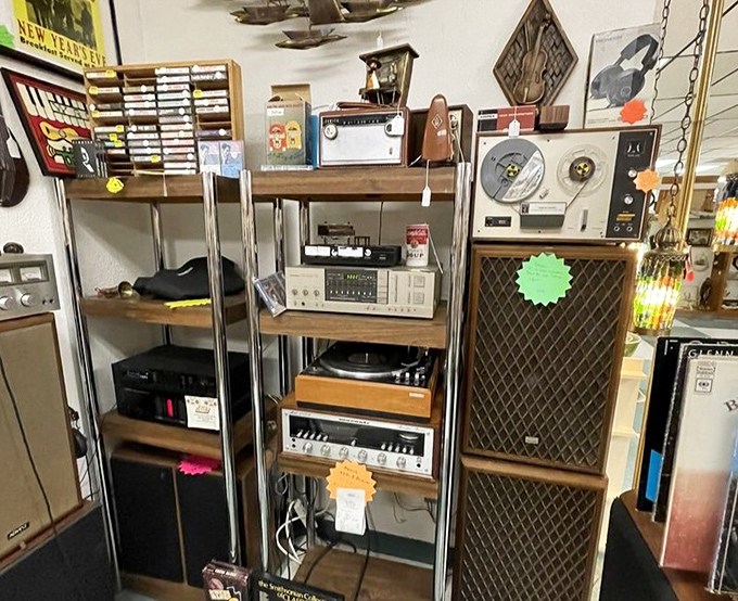 The audio equipment corner&mdash;where vinyl enthusiasts debate the merits of tube amplification. These speakers delivered Hendrix and The Beatles when they were just "new music."